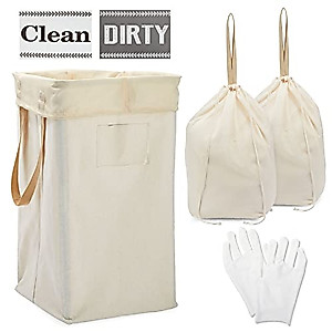 5 Piece Large Collapsible Laundry Hamper with 2 Removable Liner Bags and Folding Frame (Beige, 13 x 23 In)