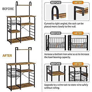 Yaheetech Industrial Kitchen Baker’s Rack Utility Microwave Oven Stand with Wire Basket & 10 S Hooks, Coffee Bar Spices Utensils Storage Shelf, Easy Assembly, Rustic Brown