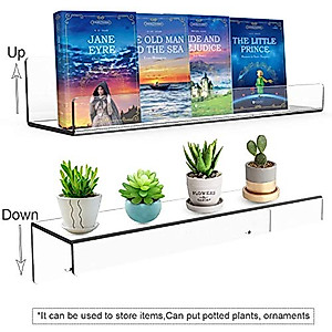 15 inch Clear Acrylic Floating Wall Ledge Shelf Display,4pcs Wall Mounted Nursery Kids Bookshelf Invisible Spice Rack, Bathroom Storage Shelves Display for Bedroom Office Toy Picture Ledge, 5MM Thick