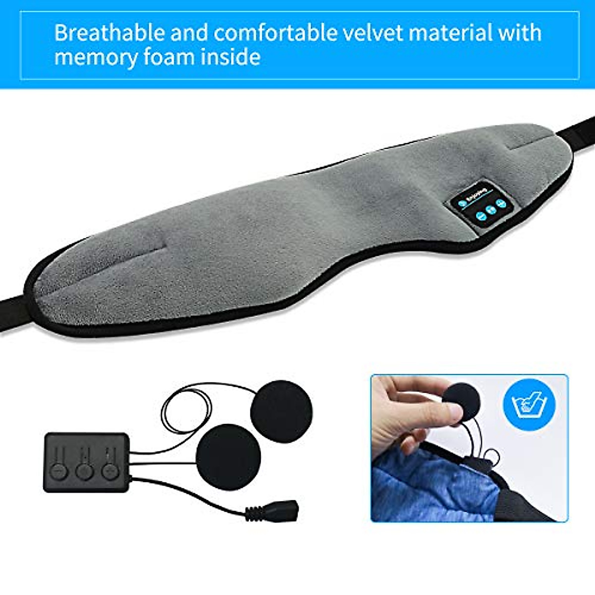 Wireless Sleep Mask,SKEYEOL Sleep Headphones,Adjustable&Washable Music Travel Sleeping Headset with Built-in Speakers Microphone Hands-Free for Air Travel,Siesta and Sleeping