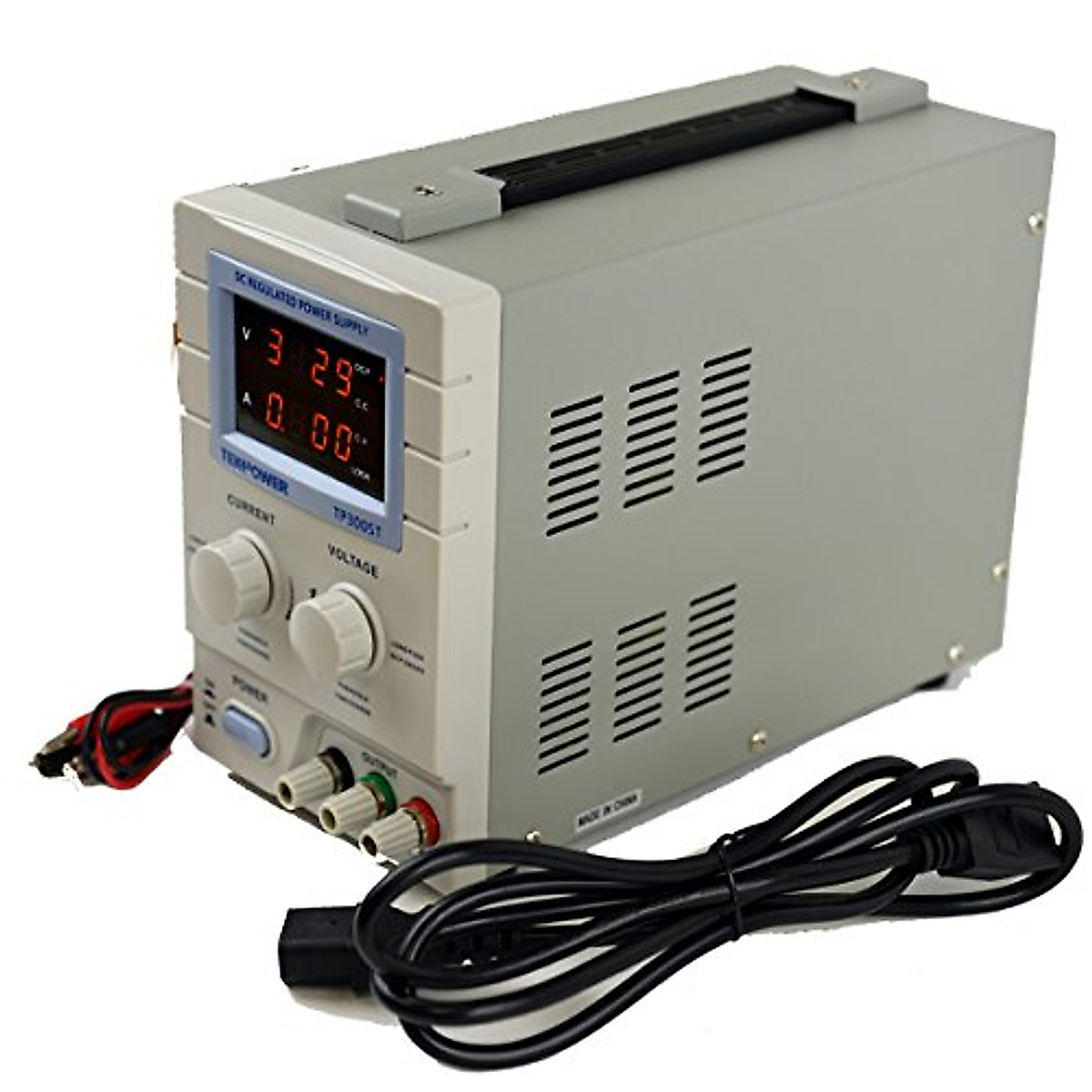 Tekpower TP3005T Variable Linear DC Power Supply, 0-30V @ 0-5A with Alligator Test Leads (110V Input)