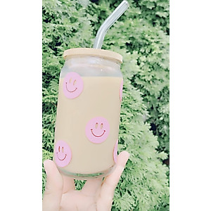 Iced Coffee Glass Cup with Bamboo Lid and Straw | 16oz Beer Can Glass | beer glass Cup | Can Shaped Glass Soda Can Cup | Pink Smiley face Glass Cup, Beer Glass Can, Glass Coffee Cup