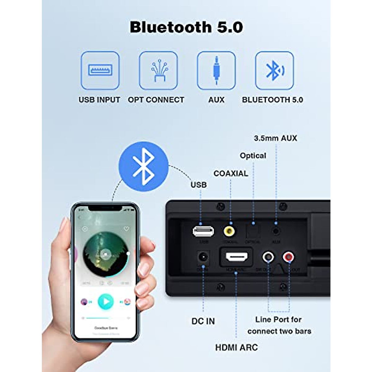 Puxinat 2 in 1 Separable Sound Bars for TV, 2.2 Channel 32Inch Bluetooth 5.0 TV Speaker for Surround Sound System, Built-in Dual Subwoofer, Bass Adjustable, Remote Control Included
