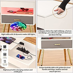 Cyclysio 35 Inches Nightstand with Reversible Lift Top, Large Night Stand with LED Lights, Tall Bedside Table with Charging Station, High End Side Table for Bedroom, Sofa Side, Living Room, White