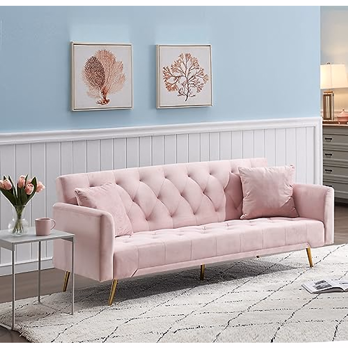 72"Modern Velvet Sofa Bed Futon,Convertible Folding Sleeper Bed Couches with 3 Adjustable Backrests,Tufted Recliner Loveseat with Golden Chrome Legs for Small Living Room Office (Light Pink+pillows)