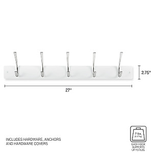 MELANNCO Wall Mounted Coat Rack for Entry Way, Bathroom, Bedroom, Laundry Room, Closet, Office, Garage, Each Hook Supports 7lbs, 5 Hook, White