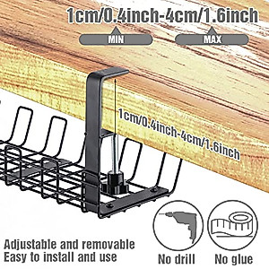 3 Pcs Under Desk Cable Management Tray with 5 Pcs Hook and Loop Strips 3 Sizes Desk Cable Organizer No Drill Wire Management Desk Metal Cord Organizer Black Cable Rack Cable Basket for Office and Home
