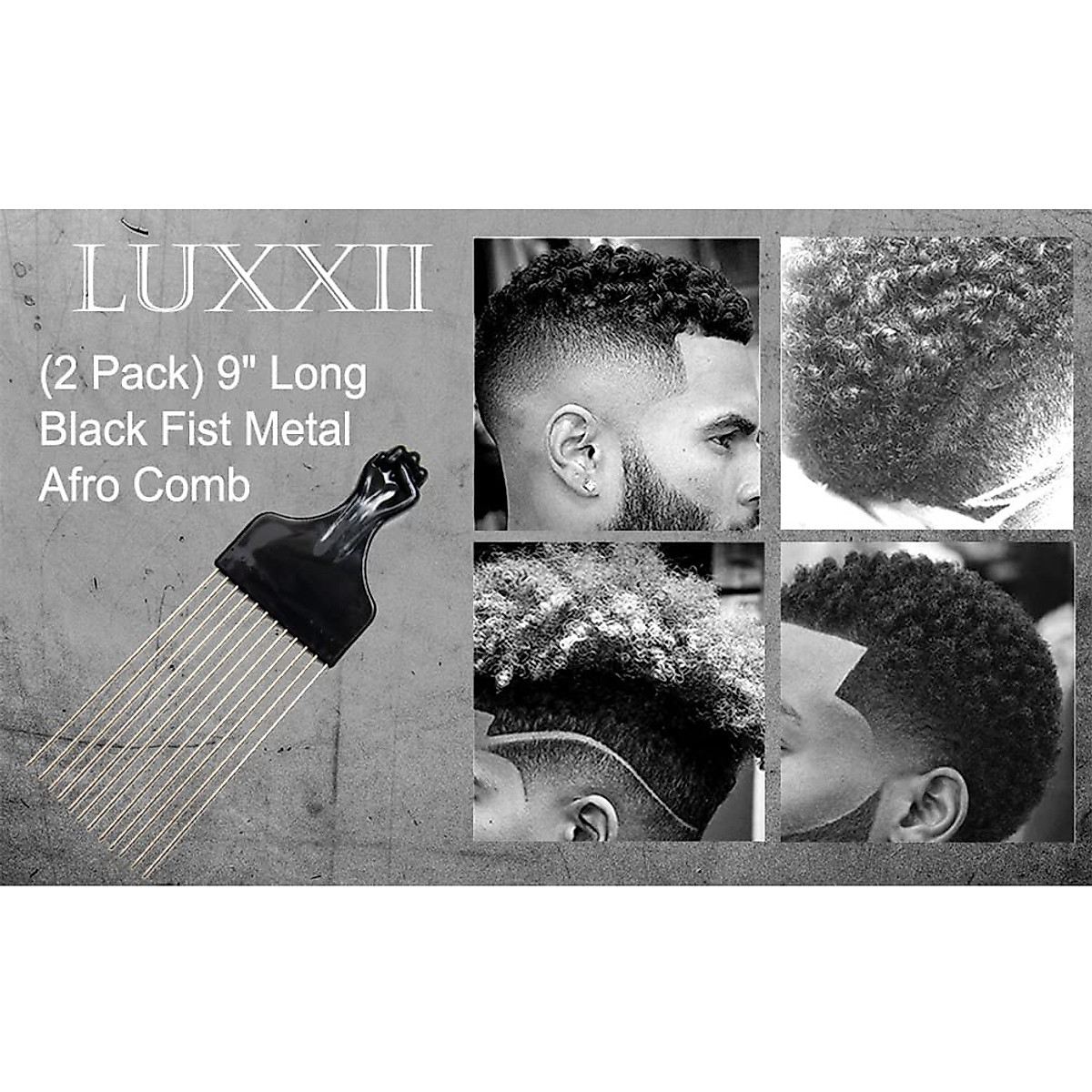 Luxxii (2 Pack) 8" Long Black Fist Metal Afro Pick Lift Hair Comb Detangle Wig Braid Hair Man Styling Comb