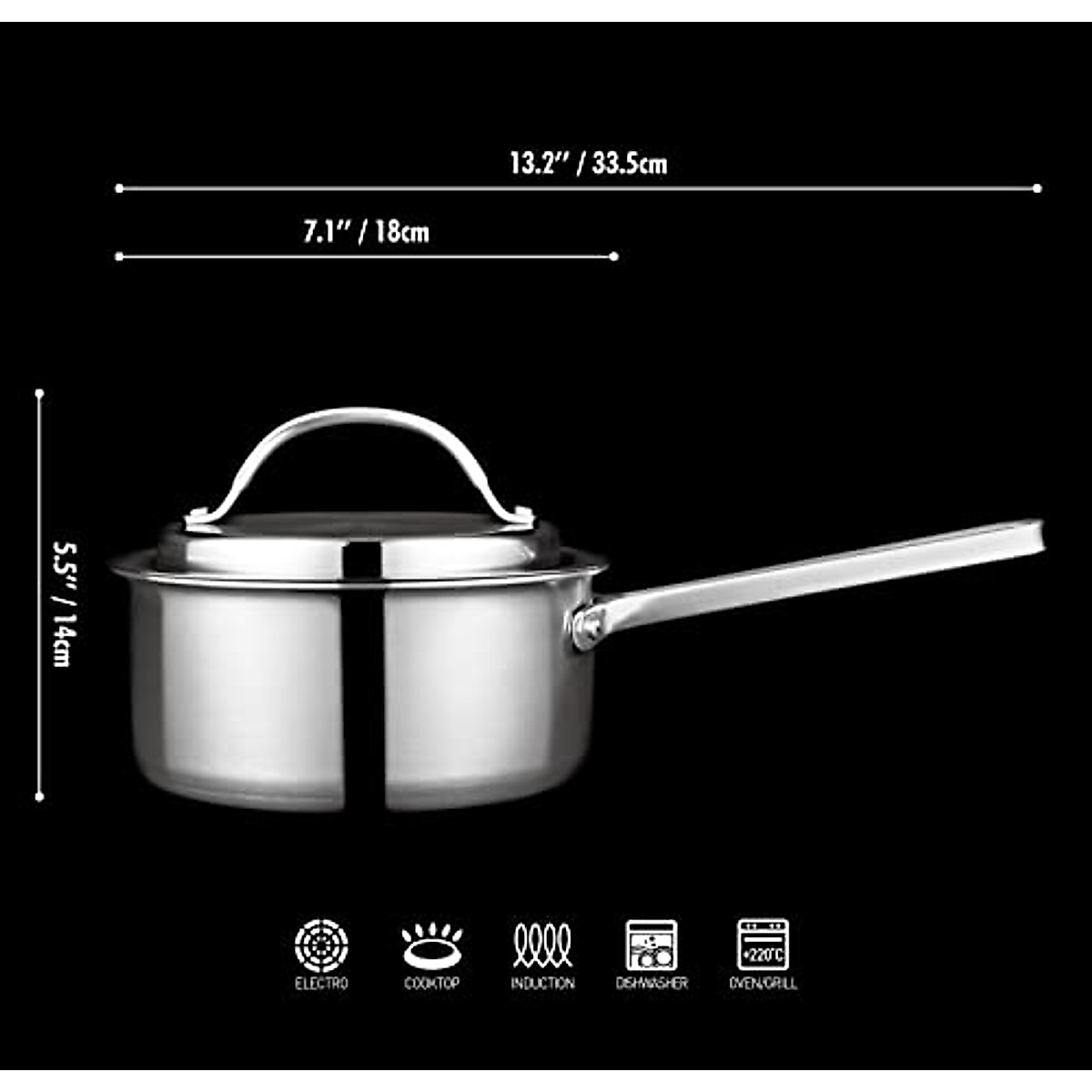 CHEF TOPF 1.5 qt 5-ply stainless steel sauce pan with cover, Brushed finish, full 5-ply, multi-clad, oven safe, dishwasher safe