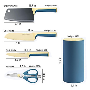 Kitchen Knife Set, 5 Pcs Blue Cooking Knife Set with Block, Professional Knives Set for Kitchen, Super Sharp Stainless Steel Chef Knife Set Contains Round Stand, Knives, Scissors (Blue)