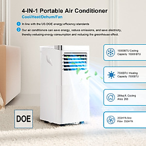 AOXUN 10000BTU Portable Air Conditioner and Heater Dehumidifier and Fan with Remote Control, 4-IN-1 Portable AC Unit For Room, Office, Dorm, Bedroom (Window Venting Kit Included)