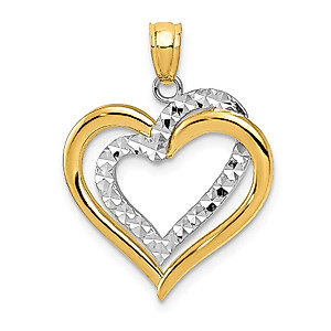 Solid 14k Yellow and White Gold Two Tone Diamond-Cut Intertwined Hearts Pendant Charm - 24mm x 19mm