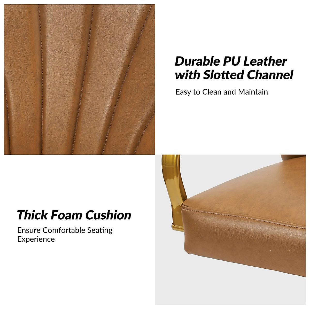 HULALA HOME Camel Leather Office Chair with Gold Legs, Swivel Desk Chair with Padded Seat and Armrests, Adjustable Height Task Chair