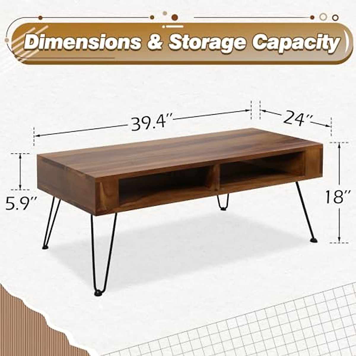 Danrelax 39.4 Inches Coffee Table, Mid Century Modern Coffee Table with Storage Space, Natural Wood Coffee Table with 4 Hairpin Legs, 39.4" Lx24 Wx18 H, Vintage Brown