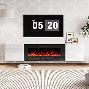 AMERLIFE Floating Fireplace TV Stand, Wall Mounted Mirrored Entertainment Center with 40" Electric Fireplace, Modern LED Lights Media Console for TVs Up to 90", White