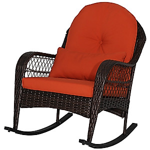 MEDIMALL Outdoor Wicker Rocking Chair, Patio Rattan Rocker w/Lumbar Pillow, Padded Seat & Back Cushions, Metal Frame, Mix Brown Wicker Furniture for Balcony, Porch, Deck, Backyard (Red)