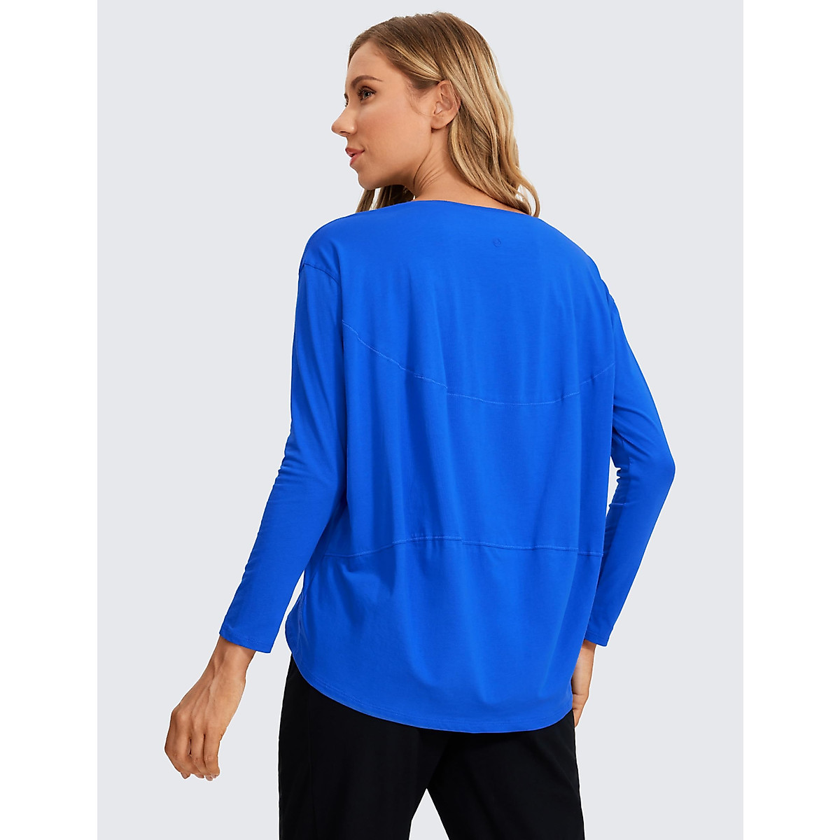 CRZ YOGA Pima Cotton Long Sleeve Workout Shirts for Women Loose Fit Athletic Yoga Shirt Casual Boat Neck Fall Tops Strong Blue X-Large