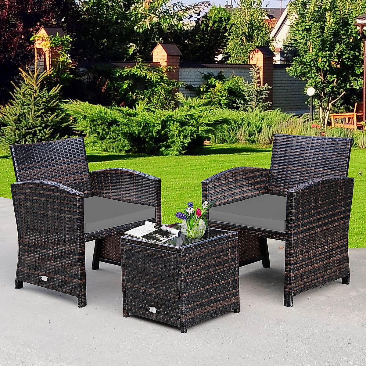 Tangkula 3-Piece Outdoor PE Rattan Furniture Set, Patio Conversation Set w/Chair & Storage Coffee Table, Detachable Cushion, Stable X-Shaped Frame, Perfect for Garden, Backyard, Poolside (Grey)