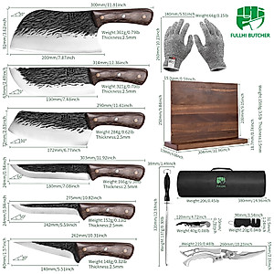 FULLHI Butcher Knife Set with Kitchen Shears, Hand Forged Chef Boning Knife With Scissors High Carbon Steel Carving Fish Knife Chef Knife For Kitchen, Camping, BBQ (Brown, N12PCS with Knife Holder)