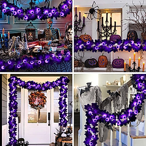 Ouddy Decor 2 Pack Lighted Halloween Garland, Total 20 FT 60 LED Black Maple Leaves Garland with Eyeballs Lights Waterproof Timer Battery Operated for Indoor Outdoor Home Halloween Decorations, Purple