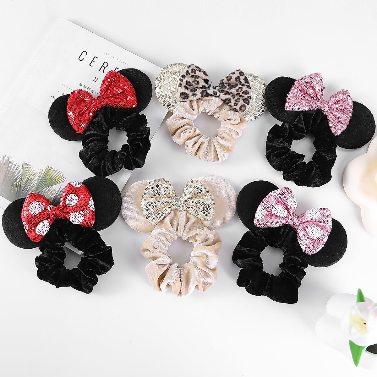 6 Pcs Mouse Scrunchies,Shiny Bows Mouse ears for Birthday Parties, Themed Events, A Perfect Addition to Your Trip Essentials and Accessories For women