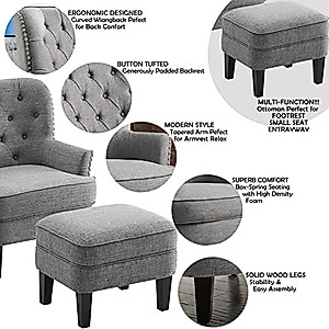 Rosevera Duilio Furniture Reading Living Room Comfy Bedroom Accent Chair and a Half, Standard, Polyester Light Grey with Ottoman