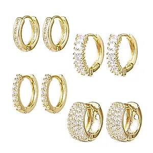 ALEXCRAFT Small Gold Huggie Hoop Earrings for Women Set of 4 Pairs hypoallergenic Gold Diamond Earrings Cubic Zirconia Hoop Earrings