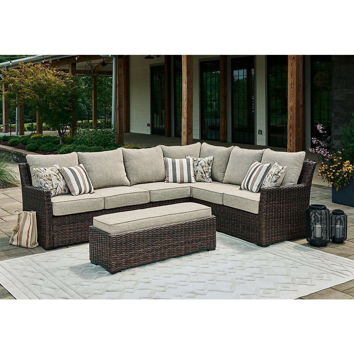 Signature Design by Ashley Brook Ranch Casual Weather Resistant Right Hand Facing Outdoor Sofa Sectional/Bench with Cushion and 6 Throw Pillows, Set of 3, Beige & Dark Brown