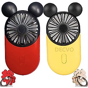 DECVO Cute Personal Mini Fan, Handheld & Portable USB Rechargeable Fan with Beautiful LED Light, 3 Adjustable Speeds, Portable Holder, for Indoor Or Outdoor Activities, Cute Mouse 2 Pack (Red+Yellow)