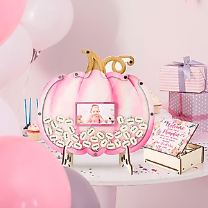 YLOLUL 62 Pcs Pumpkin Baby Shower Guest Book Alternatives Set Fall Baby Shower Guestbook Photo Frame with Wood Pumpkin Slices Rustic Guest Book Alternative for Baby Boy Birthday Party (Pink)