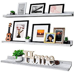 Annecy Floating Shelves Wall Mounted Set of 3, 36 Inch Grey Solid Wood Shelves for Wall, Wall Storage Shelves with Guardrail Design for Bedroom, Bathroom, Kitchen, Office, 3 Different Sizes