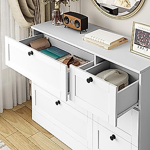 HOSTACK 6 Drawer Double Dresser, White Dresser Chest of Drawers, Wide 6 Drawer Chest, Wood Dresser Storage Cabinet with Deep Drawers for Living Room, Hallway, Entryway, White