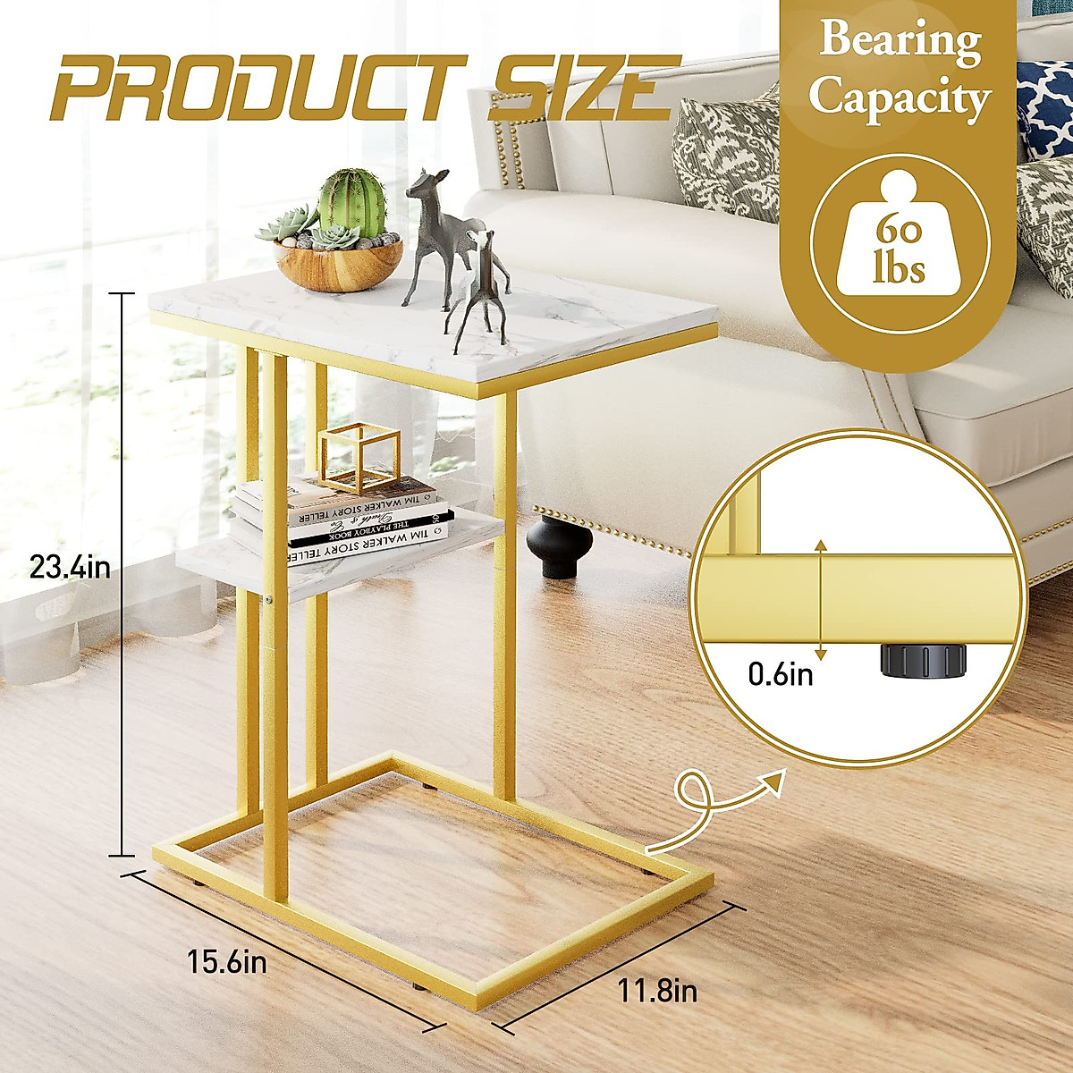 Easy Paws C Shaped End Table,Small Side Table for Couch and Bed, Gold Snack Couch Table for Small Spaces, Living Room, Bedroom,Bedside(Gold)