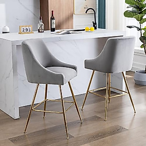 Restworld Velvet Bar Chair Set of 2, Furniture Series Modern Decoration, Polished Gold Metal Legs