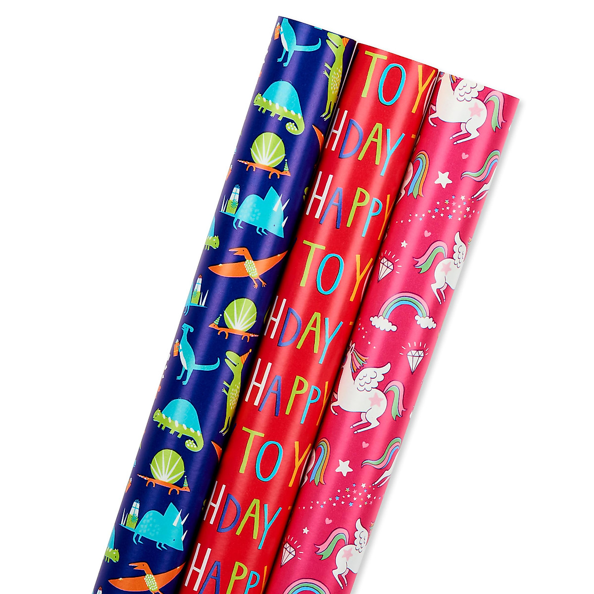 American Greetings Reversible Birthday Wrapping Paper for Kids, Dinosaurs and Unicorns (3 Rolls, 120 sq. ft)