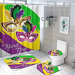 Chfukew 4 Piece Mardi Gras Decor Shower Curtain Set Mardi Gras Mask Rainbow Waterproof Non Slip Bathroom Sets with Shower Curtain and Rugs and Accessories
