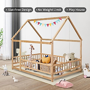 LLS Twin Montessori Bed Frame, Wooden House Bed with Fence and Roof, Floor Bed for Boys Girls Bedroom, Natural