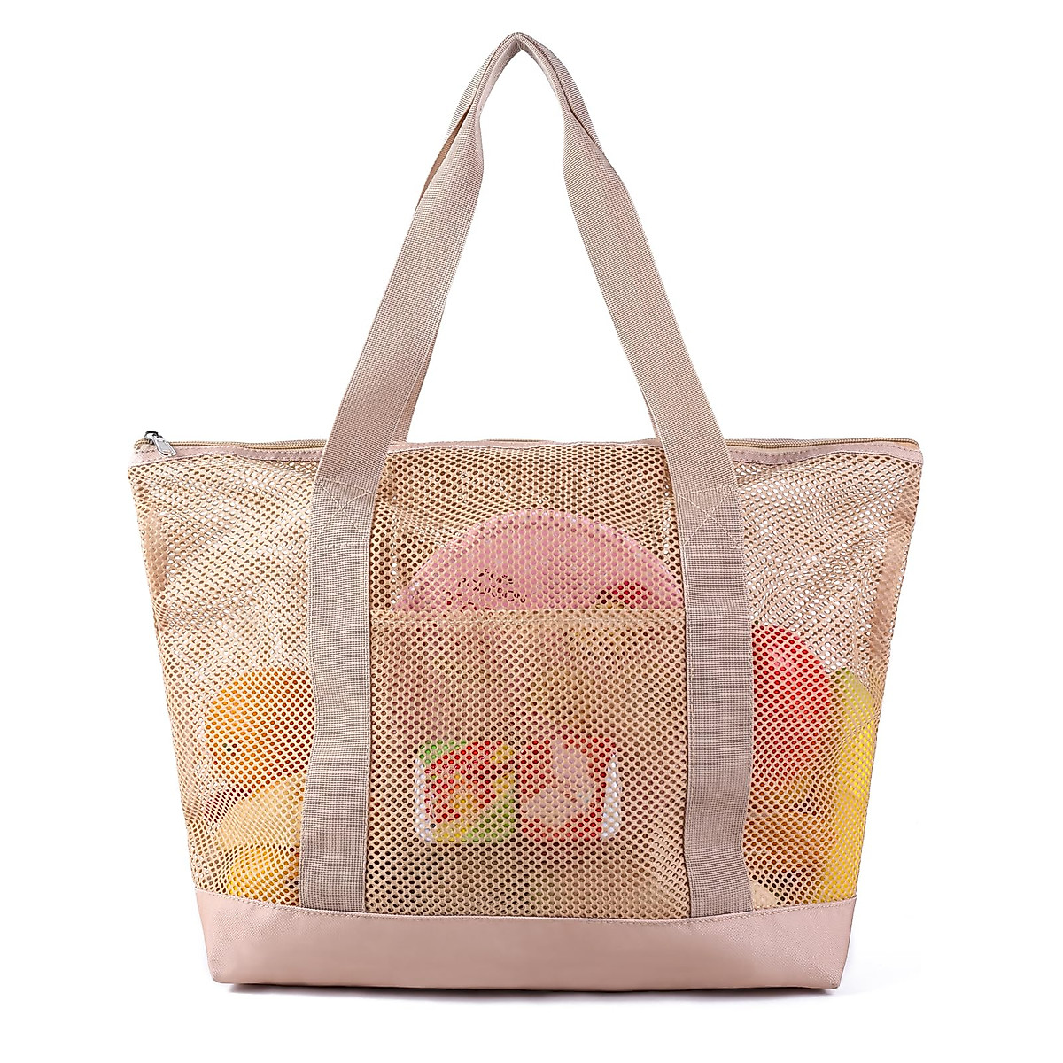 Mesh Beach Bags, Grocery Produce Tote Bag with Zipper & Pockets for Gym, Picnic, Shopping or Travel