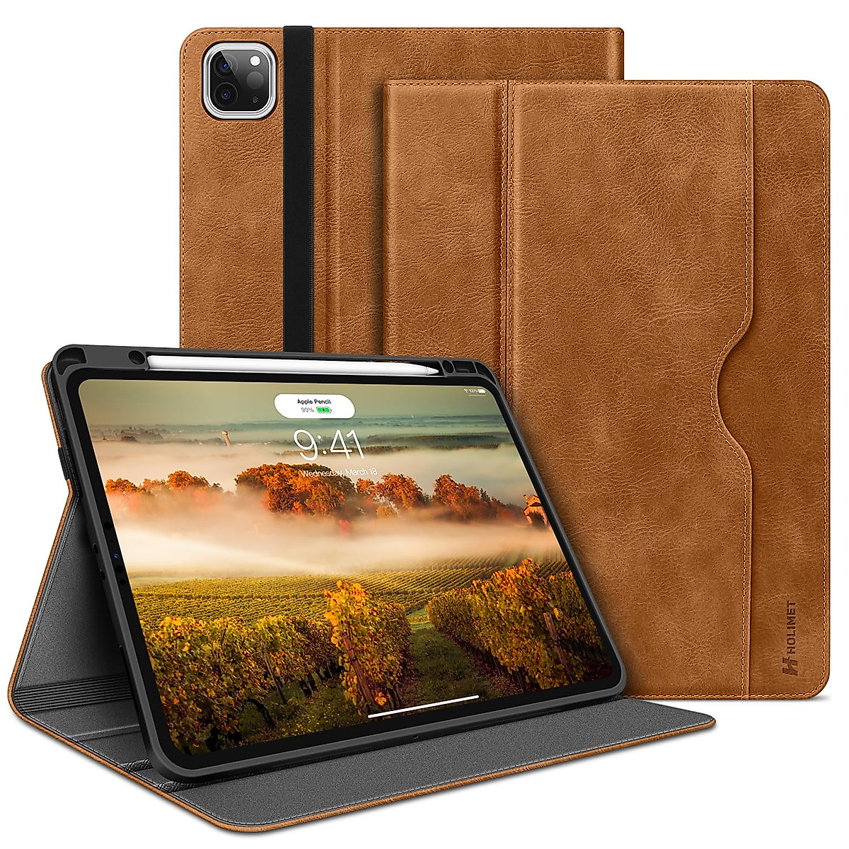 H HOLIMET Case for iPad Pro 12.9 2022 6th/5th/4th/3rd Generation 2021 2020 2018 with Pencil Holder Pocket Soft TPU Back Shockproof, Auto Sleep/Wake, Vegan Leather