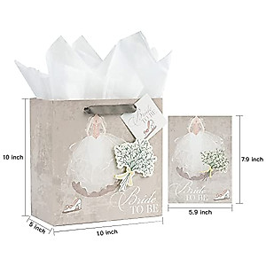 MAYPLUSS 10" Medium Gift Bag with Greeting Card and Tissue Paper for Wedding, Anniversary, Bridal Shower -Bride to Be,Wedding Design Dresses