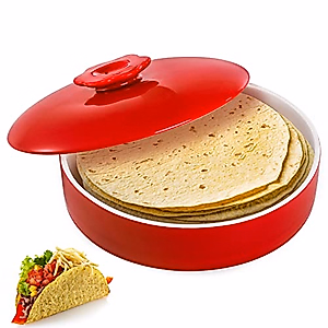 Lyellfe Ceramic Tortilla Warmer with Lid, 8.5 Inch Tortilla Server Holder Container, Hold up to 12 Tortillas,Red Taco Warmer for Taco Tuesday Night, Mexican Party, Microwave and Oven Safe