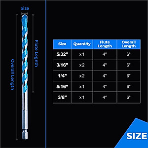 toolant Concrete Drill Bit Set & Masonry Drill Bit Set, Shockproof Hex Shank Drill Bit Set (7pcs) for Glass/Brick/Plastic/Cement/Tile, Industrial Strength Carbide Drill Bit Tip, 5/32"-3/8" Box of 7