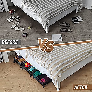 Yoz&Papa Under Bed Storage Containers, Under Bed Storage With Wheels, Tool-free Assembly Metal Underbed Storage Containers With Dustproof Storage Bag For Clothes, Shoe Organizer Under Bed Drawer (Black(1 Pack))