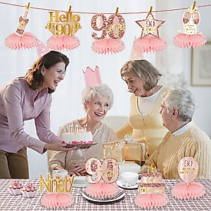 Turypaty Pink Rose Gold 90th Birthday Honeycomb Centerpieces Decorations for Women, 9Pcs Rose Gold Happy 90th Birthday Table Centerpieces Party Supplies, 90 Year Old Birthday Table Toppers Decor