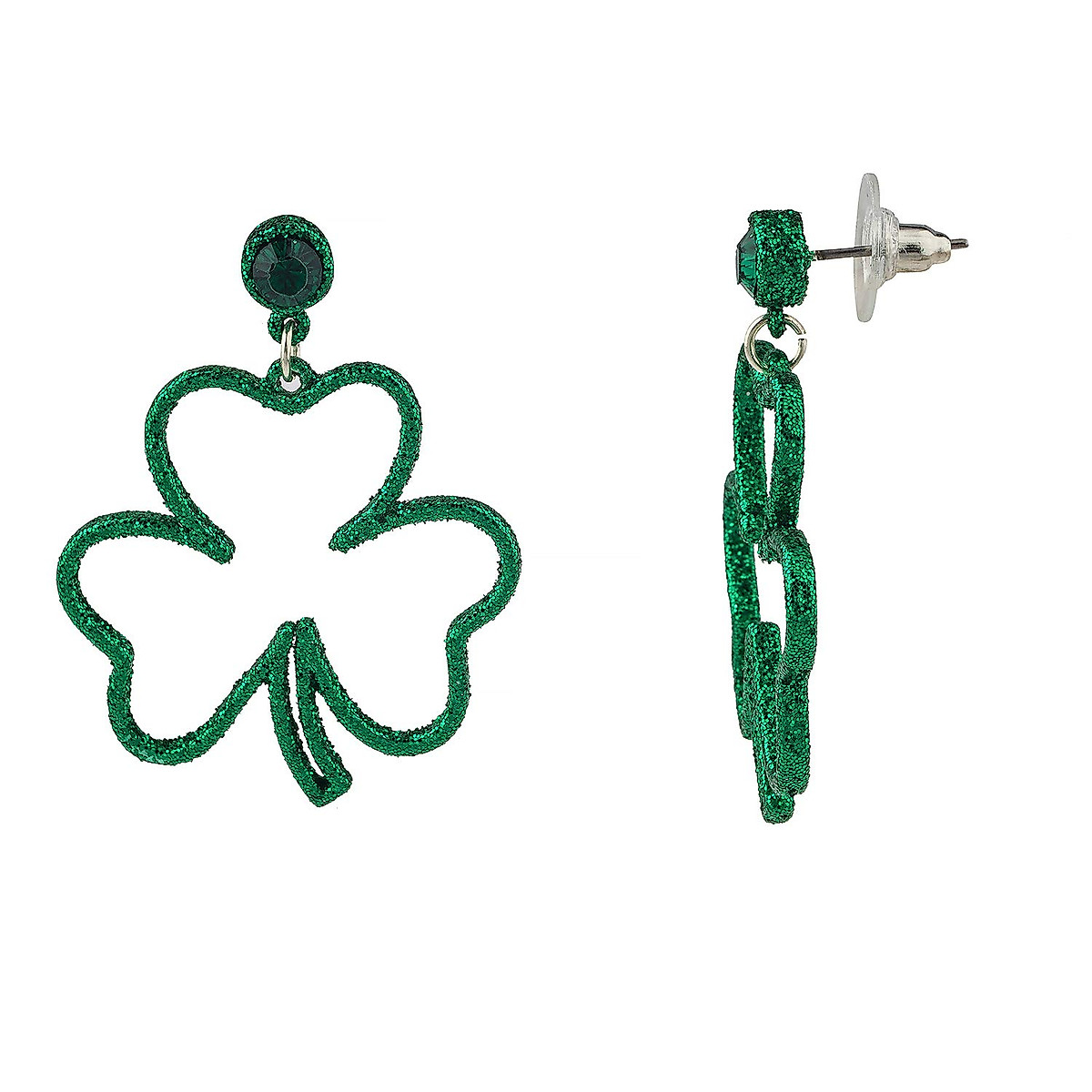 Lux Accessories Glittery Grainy Green Colored Clover Silvertone Lock Dangle Earrings
