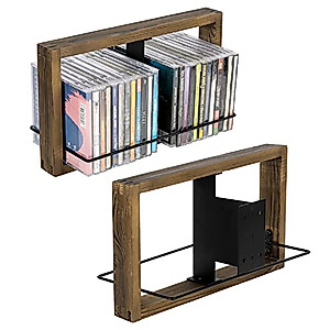 MyGift Wall Mounted Rustic Burnt Wood and Industrial Matte Black Metal CD DVD Storage Organizer Rack, Set of 2 Floating Wooden Frame Display Shelves