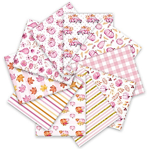 JarThenaAMCS 10Pcs Fall Cotton Fabric Bundles Pink Pumpkin Maple Leaf Truck Fat Quarters Autumn Thanksgiving Quilting Patchwork for DIY Craft Home Party Decor, 18 x 22 Inch