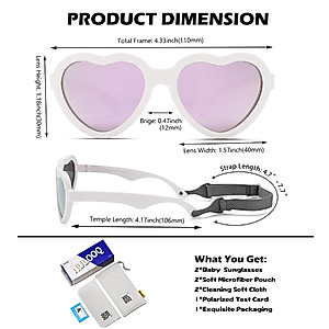 Flexible Heart Shaped Baby Polarized Sunglasses with Strap Adjustable Toddler & Infant Age 0-24 Months (White/Purple Mirrored + Pink/Pink Mirrored) - 2 Pack