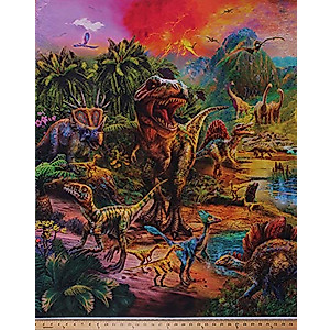 34.5" X 44" Panel Dinosaurs T-Rex Pterodactyls Jurassic Prehistoric Animals Reptiles Volcanoes Kids Picture This Digital Print Cotton Fabric Panel (AYKD-18263-286-WILD)
