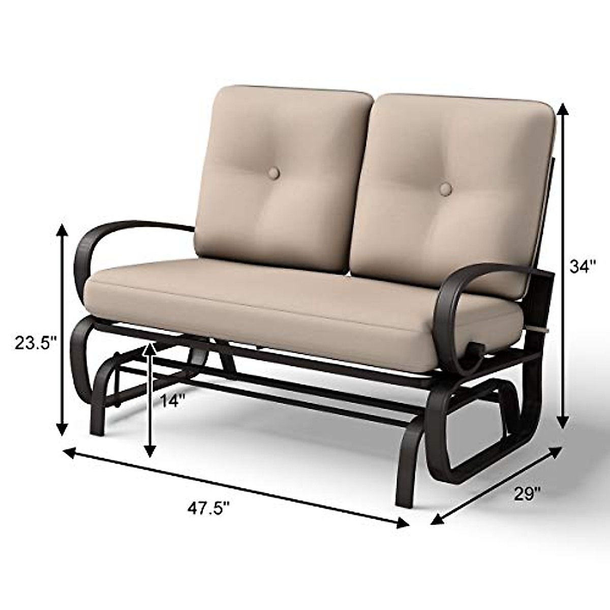 Giantex Outdoor Glider Bench, Patio 2 Person Loveseat with Removable Cushion, Thick Padded Seat, Stable Steel Frame, Outside Glider Swing Chair for Deck, Poolside, Yard, Balcony, Porch Glider(Beige)